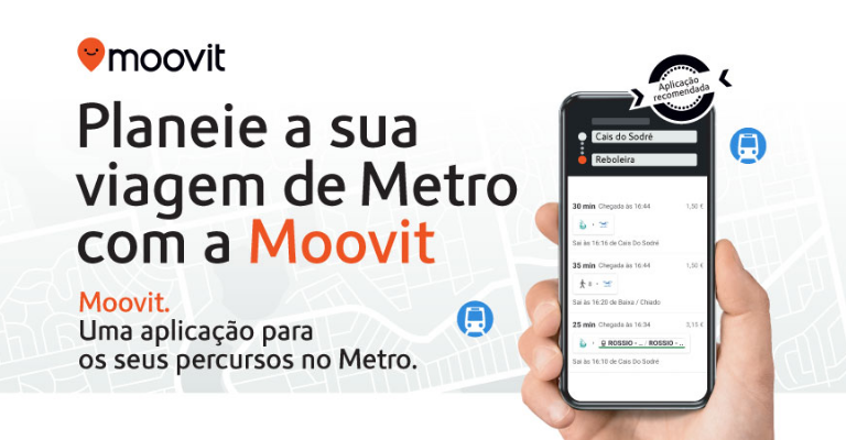 Num telemóvel, imagem da aplicação Moovit. Texto "Planeie a sua viagem ...
